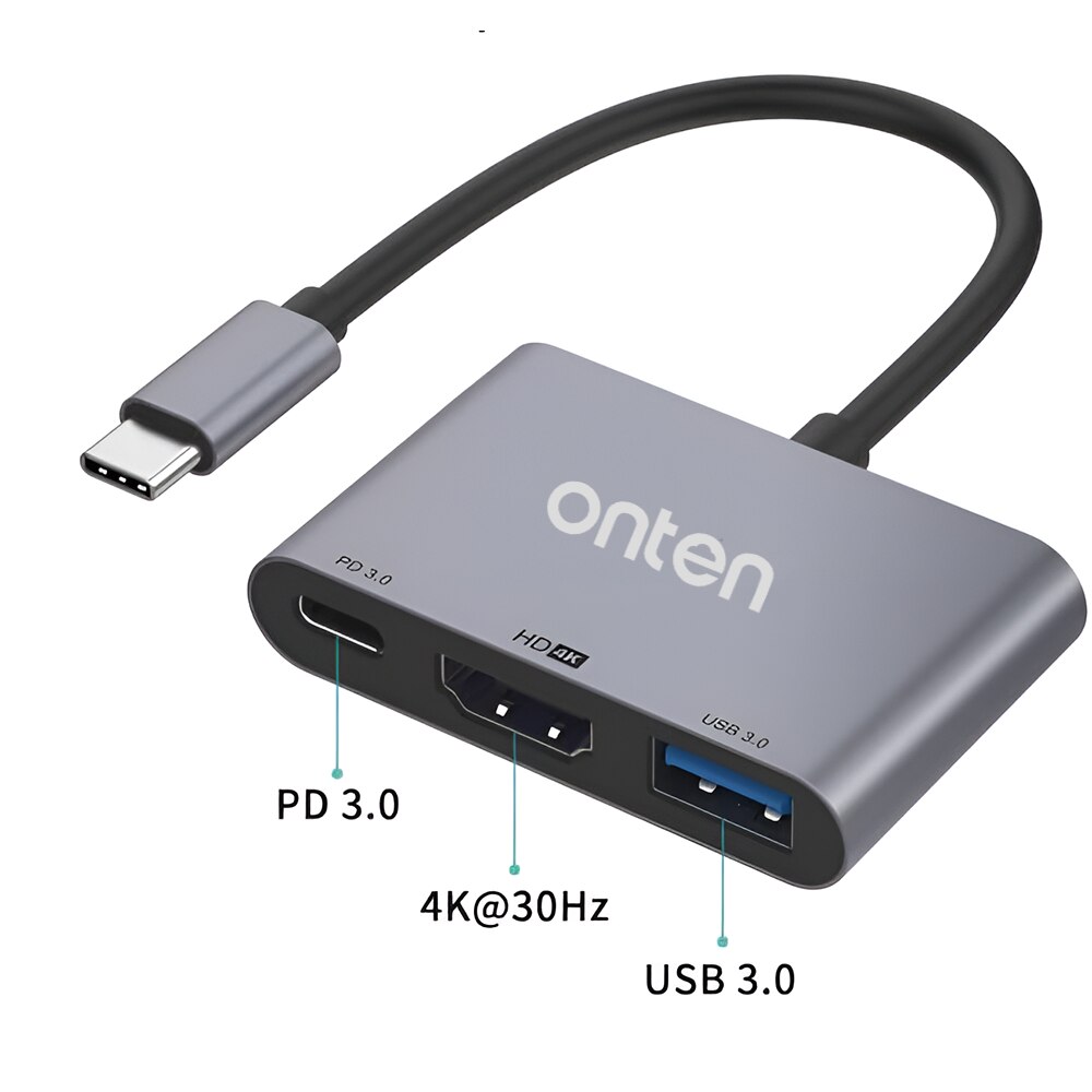Adaptor HUB multiport 3 in 1 ONTEN, USB Type-C la USB 3.0, Type-C PD, HDMI 4K, pentru MacBook ...