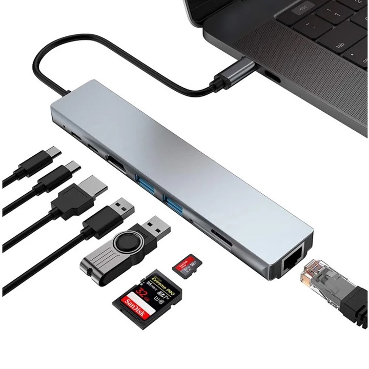 Hub USB-C adapter 8 az 1-ben, AHA PRINT, Type-C bemenet, LAN RJ45 ...