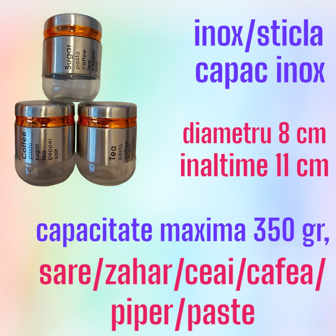Set 3 recipiente inox/sticla, condimente ceai/cafea/zahar, diametru 8 ...