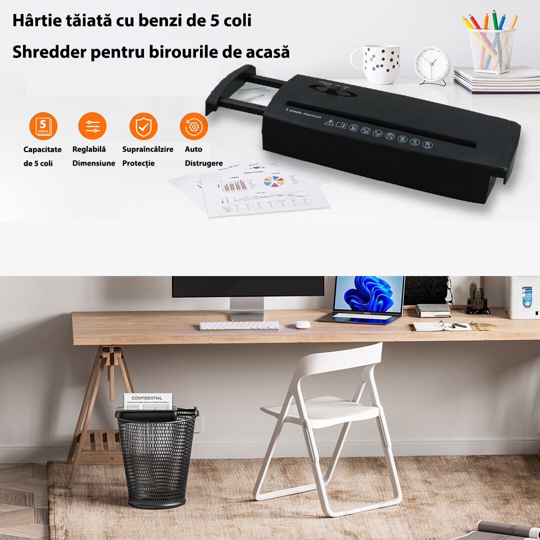 Distrugator documente, Portabil, A4, 5 Coli, Negru - eMAG.ro