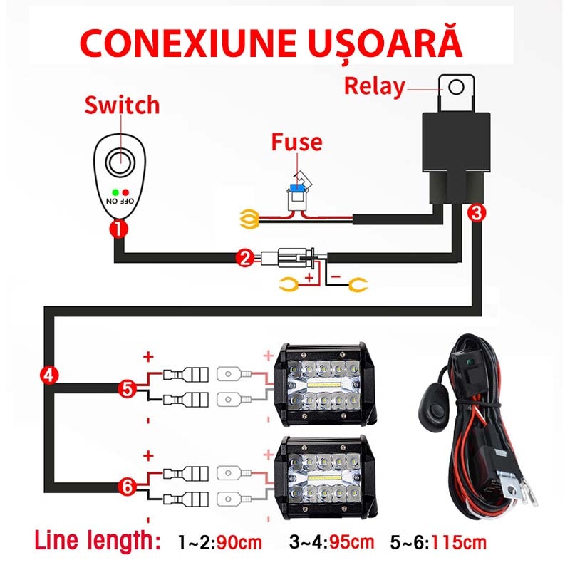 Kit cablaj auto, Pentru 2 LED Bar, Proiector, cu Releu si Buton On Off ...