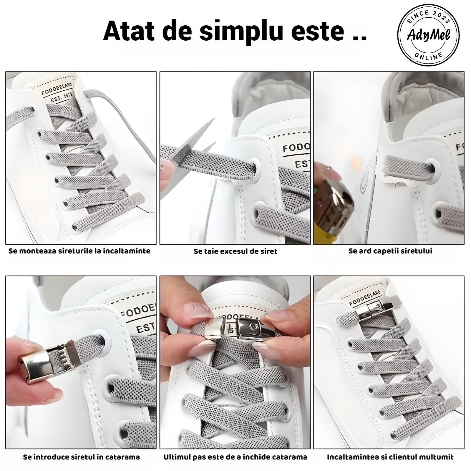 Set de 6 sireturi elastice cu catarame AdyMel®, sistem de prindere NO ...