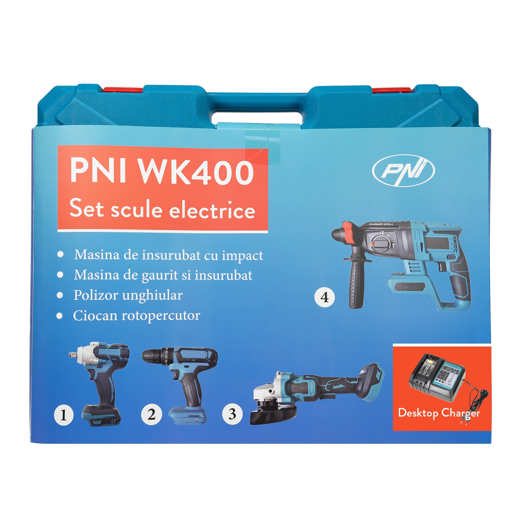 Set 4 scule electrice PNI WK400 cu 2 acumulatori 18V 5.0Ah si ...
