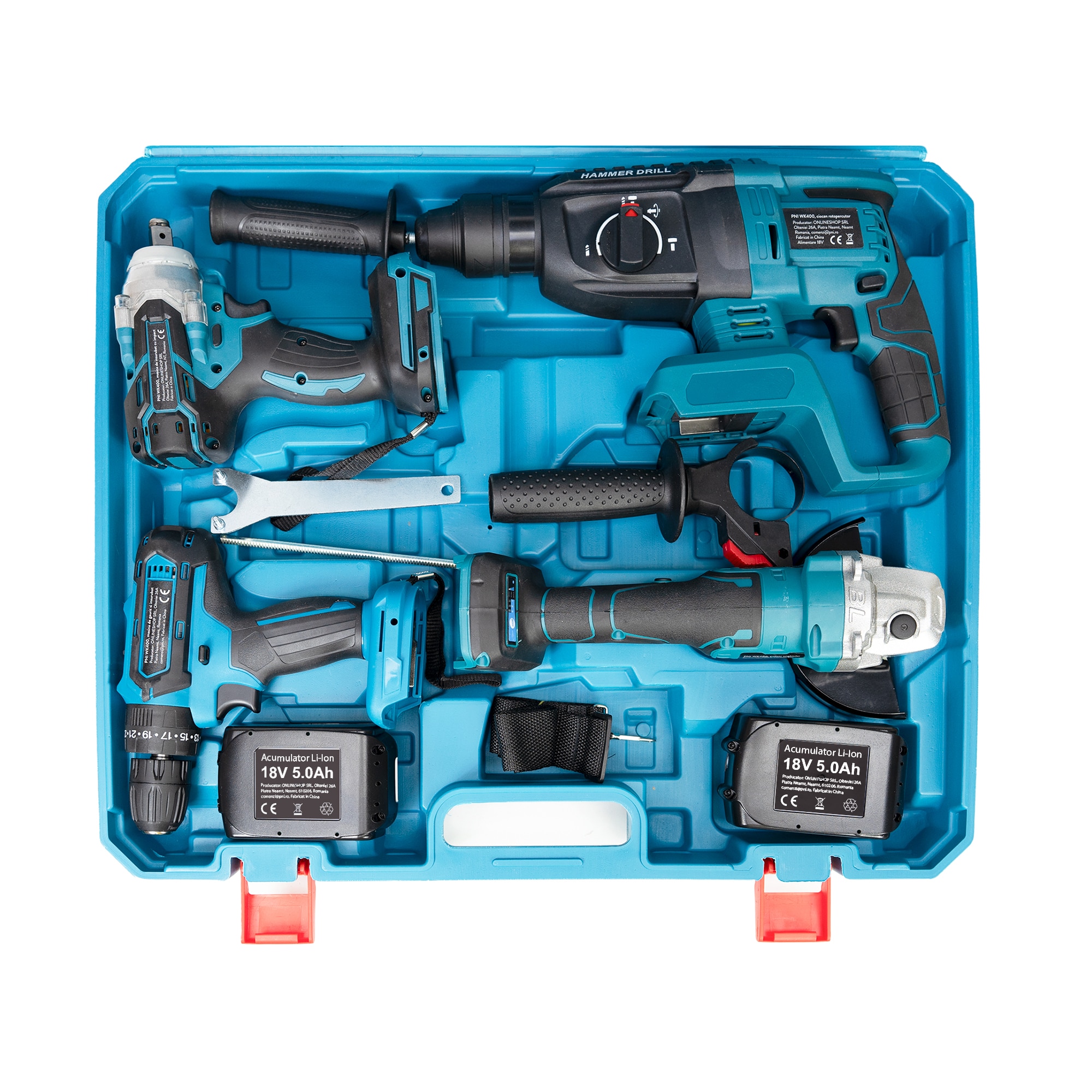 Set 4 scule electrice PNI WK400 cu 2 acumulatori 18V 5.0Ah si ...