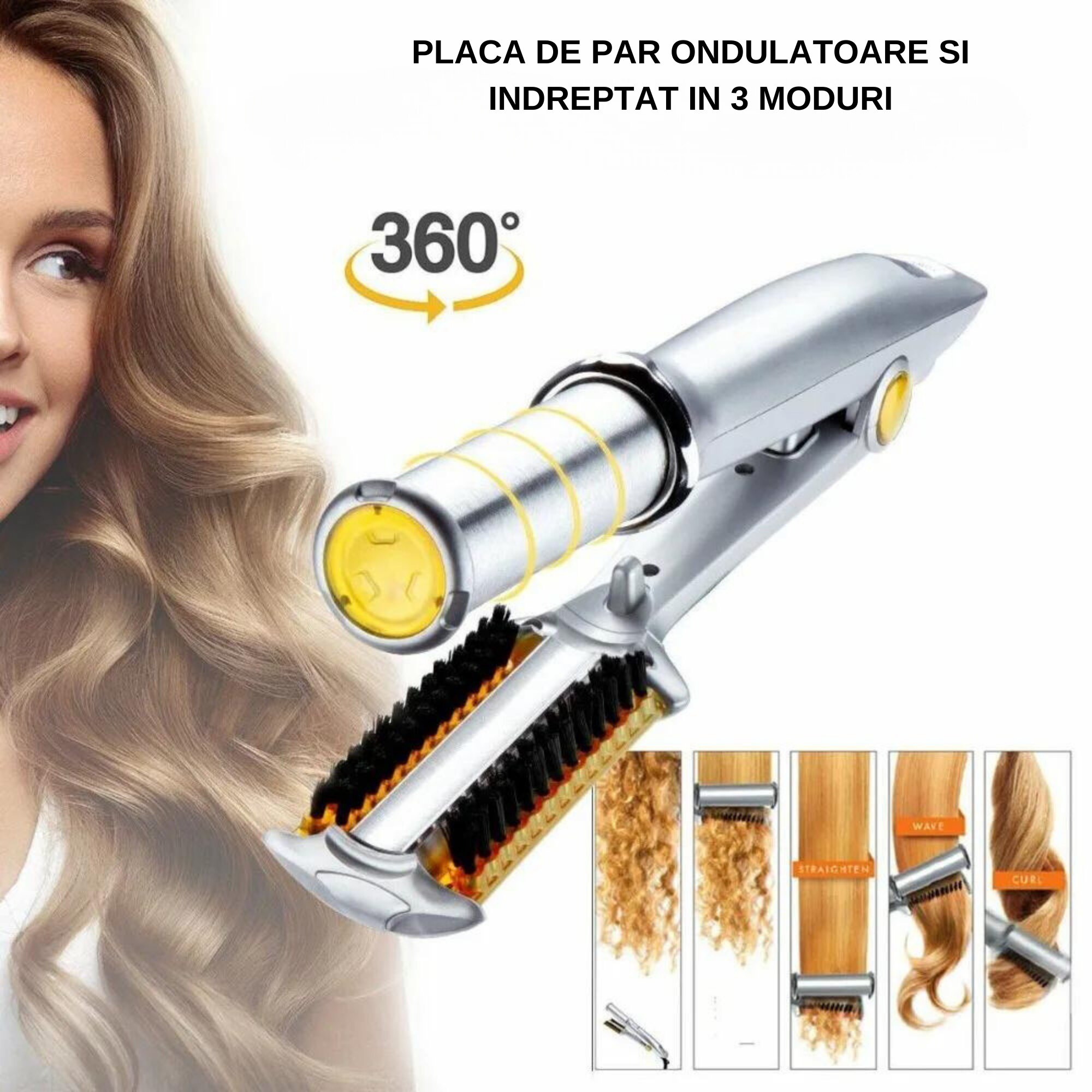 Ondulator Profesional 2 in1 Perie Si Ondulator, 3 Trepte De Temperatura ...