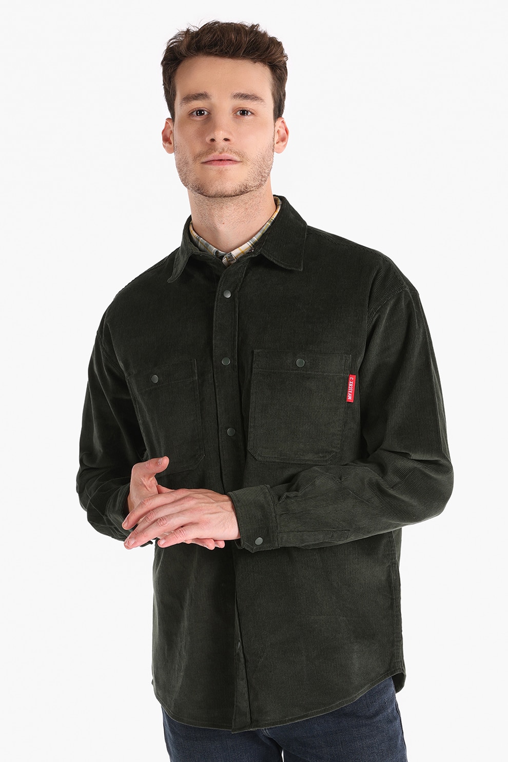 COLIN'S, Jacheta-camasa din reiat cu capse, Verde padure, L - eMAG.ro