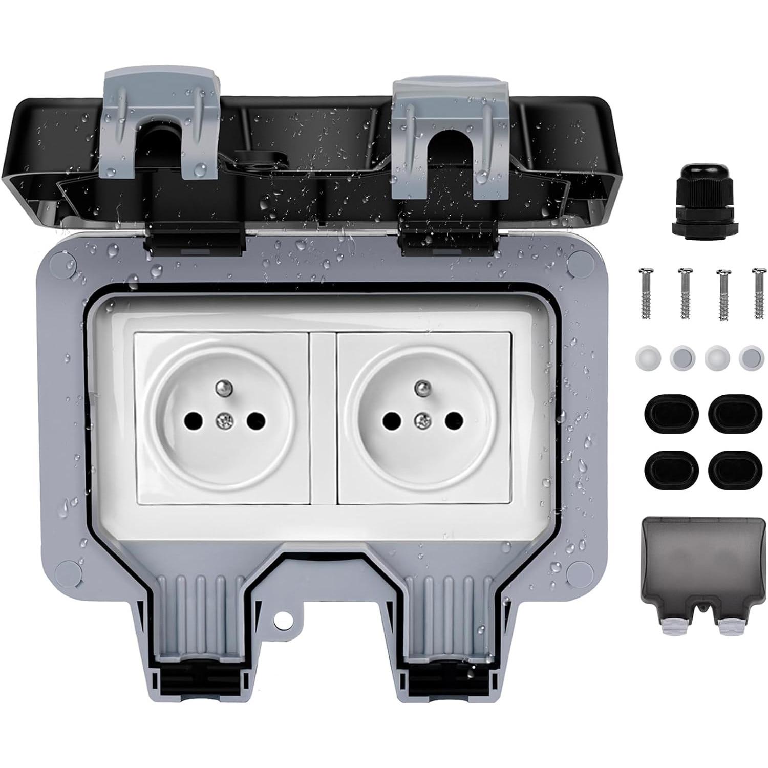 Priza dubla de exterior, ABS, IP66, 16A, Negru/Gri - eMAG.ro