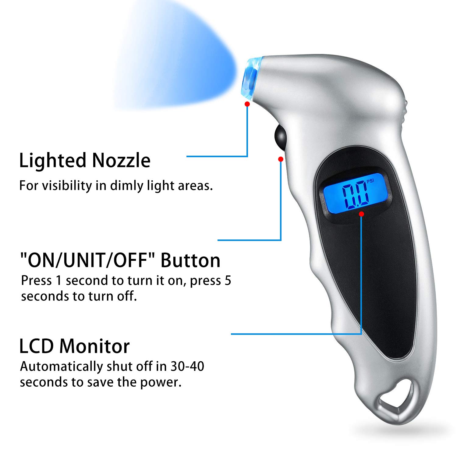 Manometru anvelope auto, LCD, Plastic, Argintiu - eMAG.ro