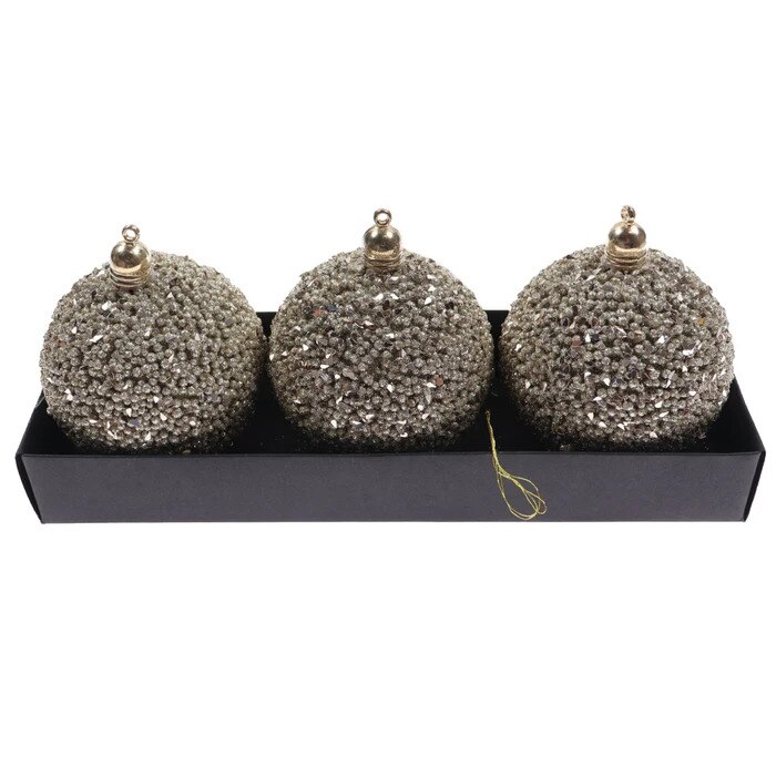 Комплект от 3 коледни топки, златисти, диаметър 8 см, завършени с ...