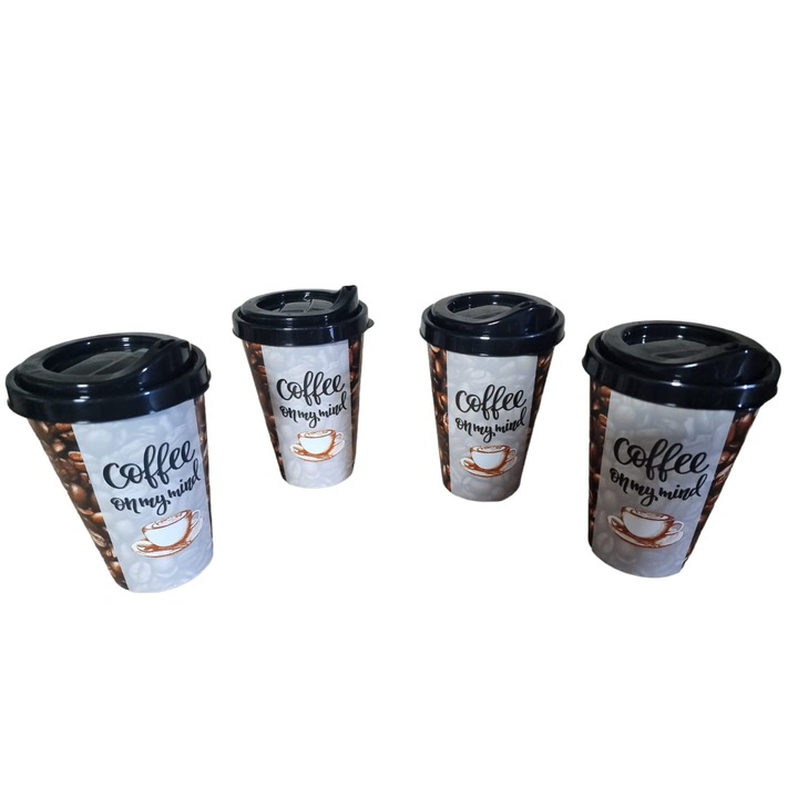 Set 4 pahare pentru Cafea/Ceai din plastic cu capac 400ml reutilizabile ...