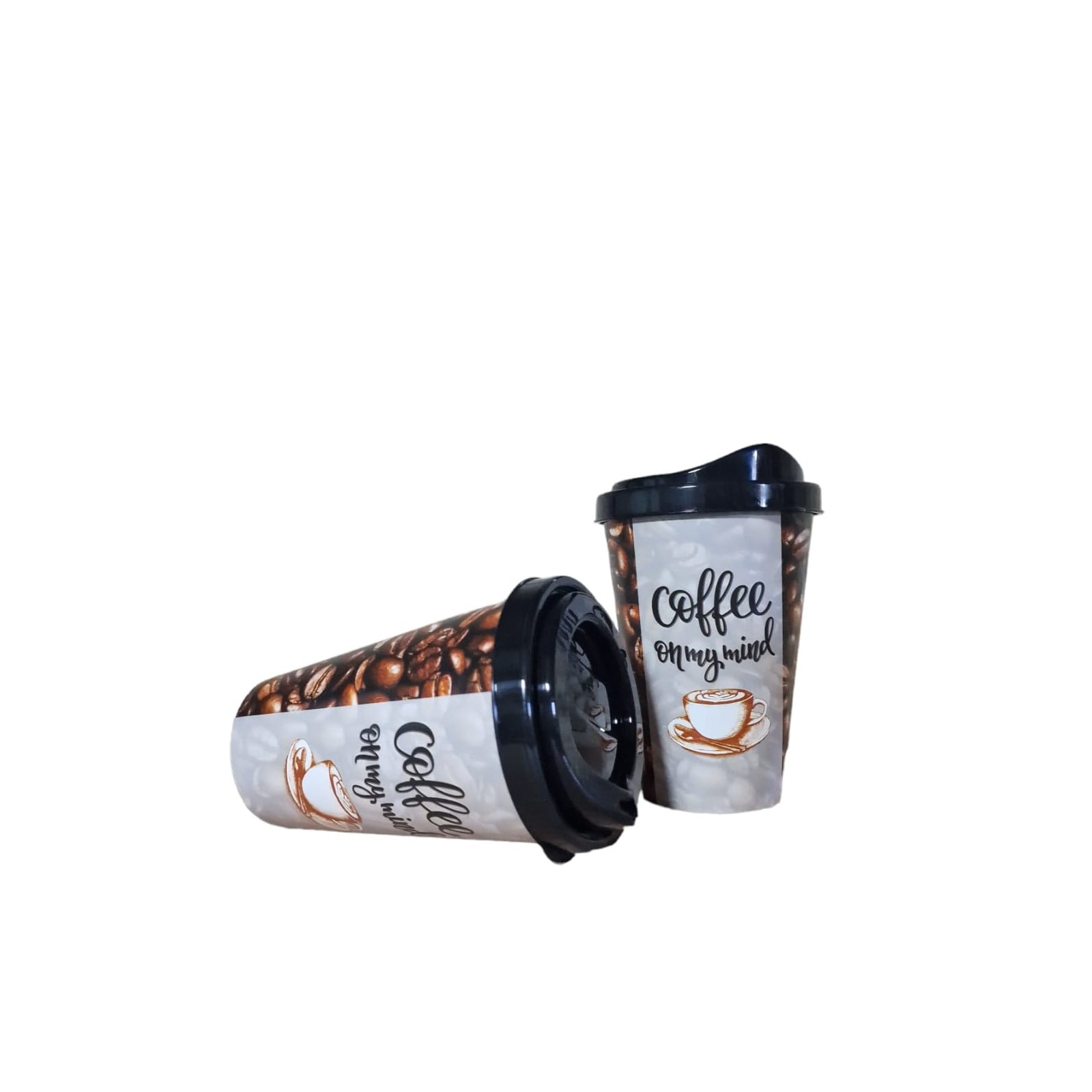 Set 4 pahare pentru Cafea/Ceai din plastic cu capac 400ml reutilizabile ...