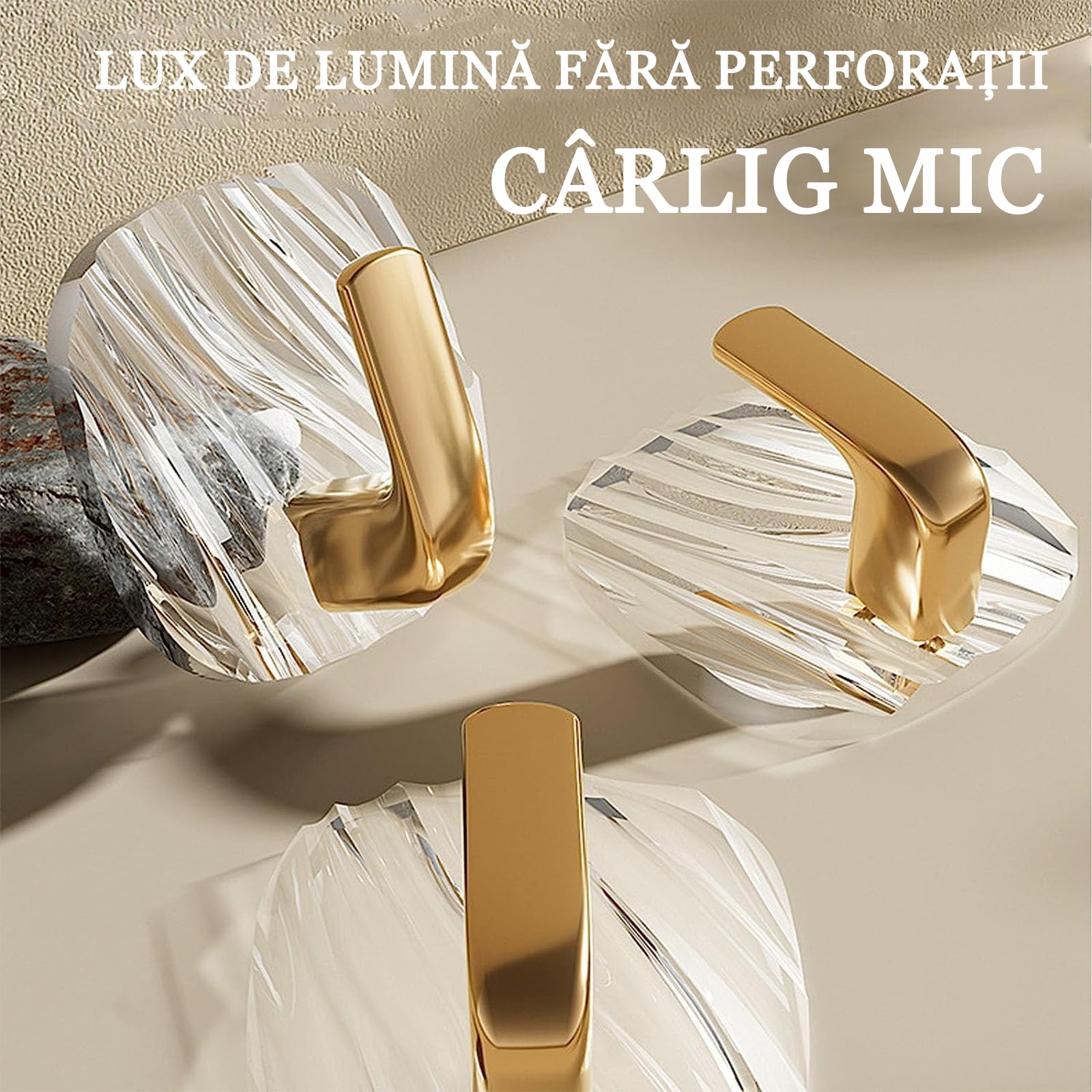 Set 4 cuiere, POMAMZ, Acril/Aluminiu, Adezive, Transparent/Auriu - eMAG.ro