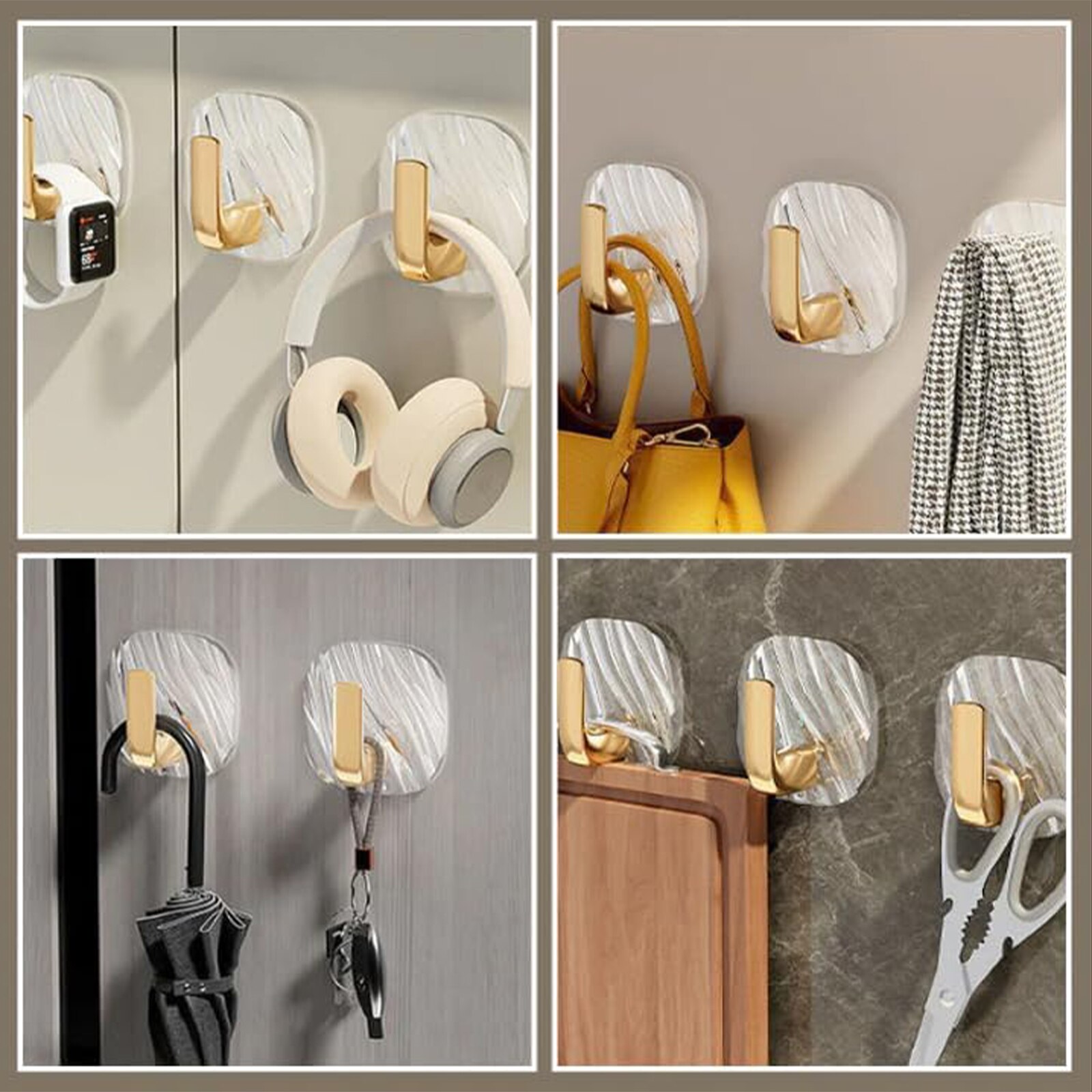 Set 4 cuiere, POMAMZ, Acril/Aluminiu, Adezive, Transparent/Auriu - eMAG.ro
