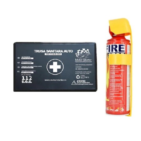 Kit siguranta rutiera Motor Starter™, Trusa medicala auto prim ajutor + Stingator auto tip spray ...