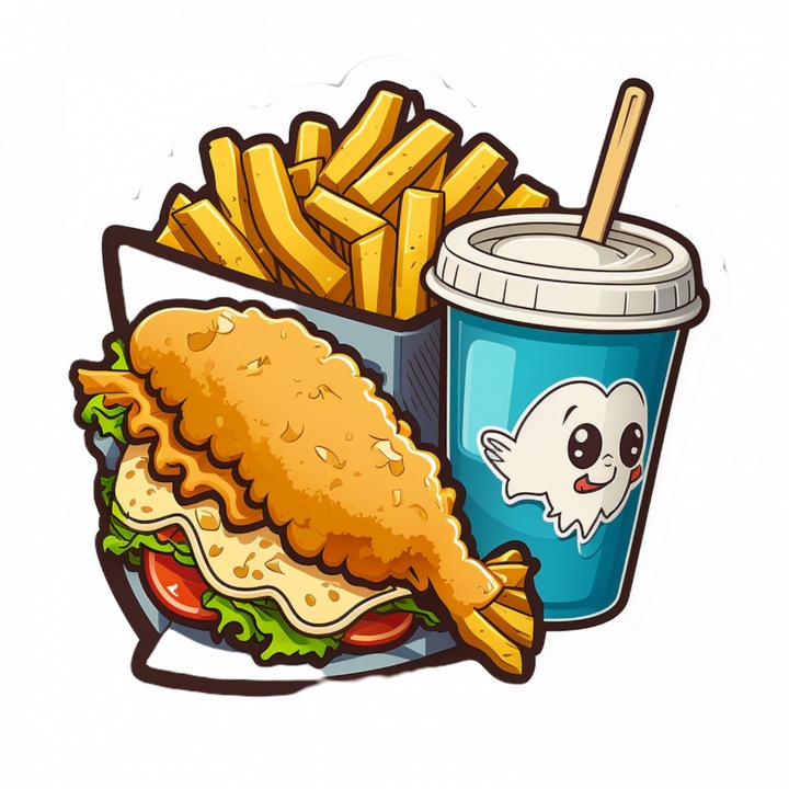 Set 5 bucati, Sticker decorativ, Meniu cu peste si cartofi prajiti ...