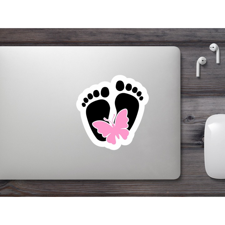 Set 4 bucati, Sticker decorativ, Talpi de copil cu fluture roz ...