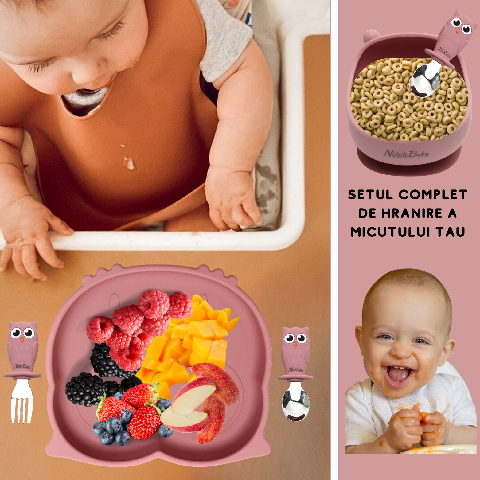 Set complet de hranire si diversificare pentru copii si bebelusi din silicon alimentar, farfurie ...