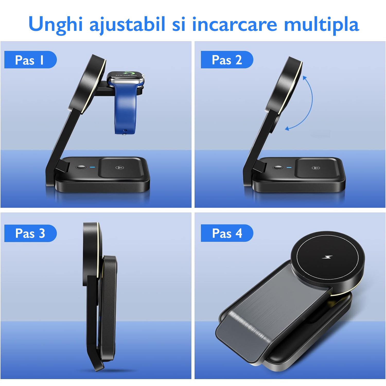 Statie Incarcare Wireless 3 in 1 Loowoko® W79, Lumina Veghe, MagSafe ...