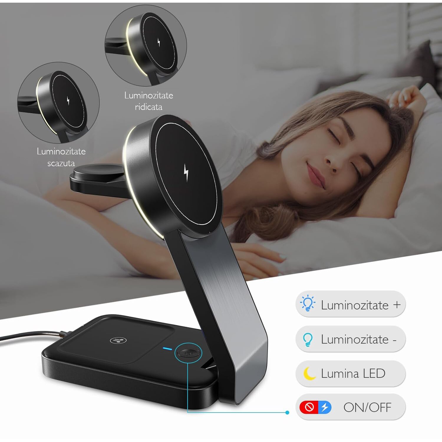 Statie Incarcare Wireless 3 in 1 Loowoko® W79, Lumina Veghe, MagSafe ...