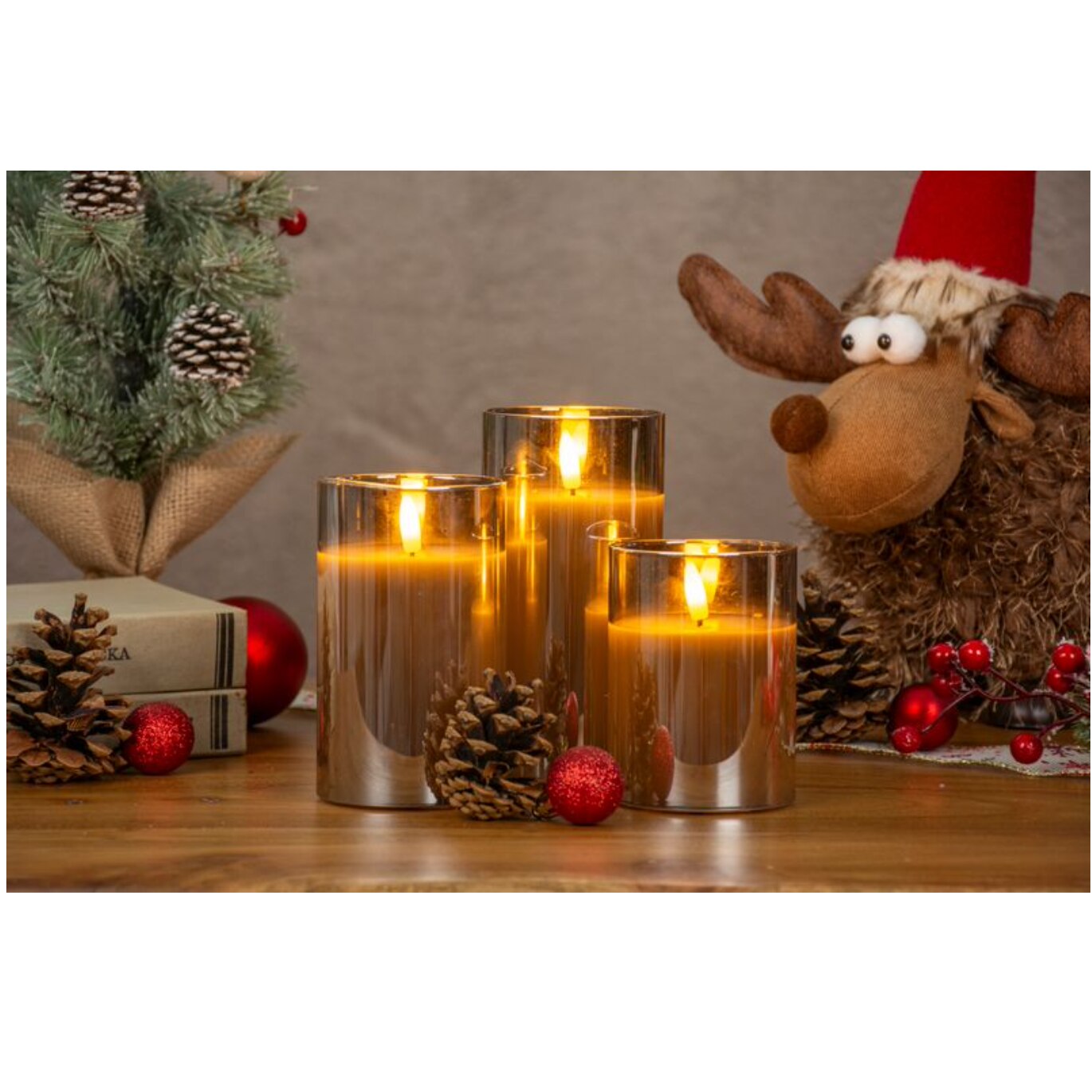 Set 3 lumanari cu led din ceara cu suport de stcla si efect de flacara ...
