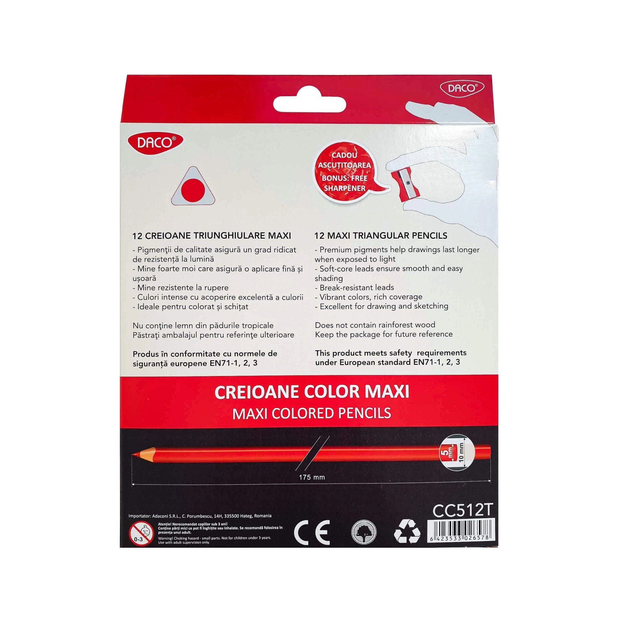 Creioane colorate triunghiulare DACO Maxi CC512T, 12 buc/set - eMAG.ro