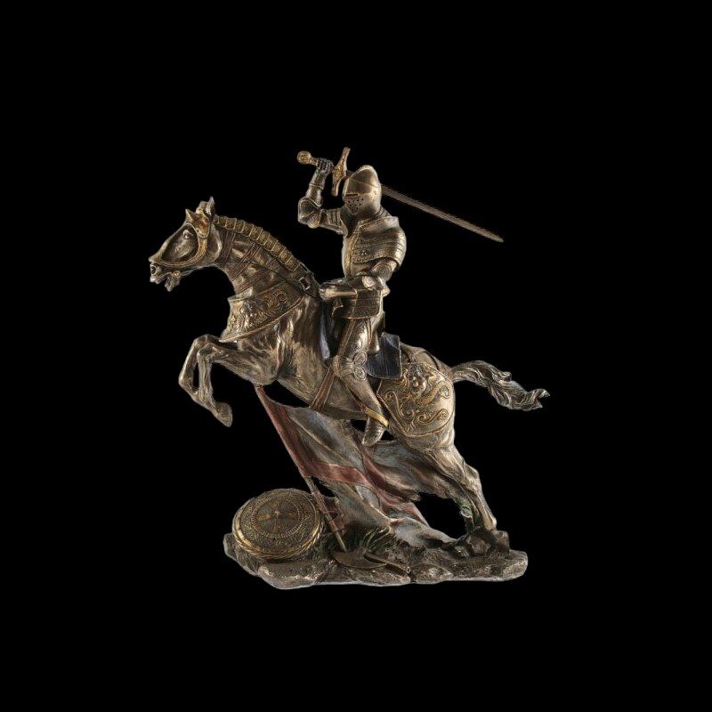 Figurina, Cavaler Calare Cu Sabie Si Scut, Rasina Acoperita cu Bronz ...