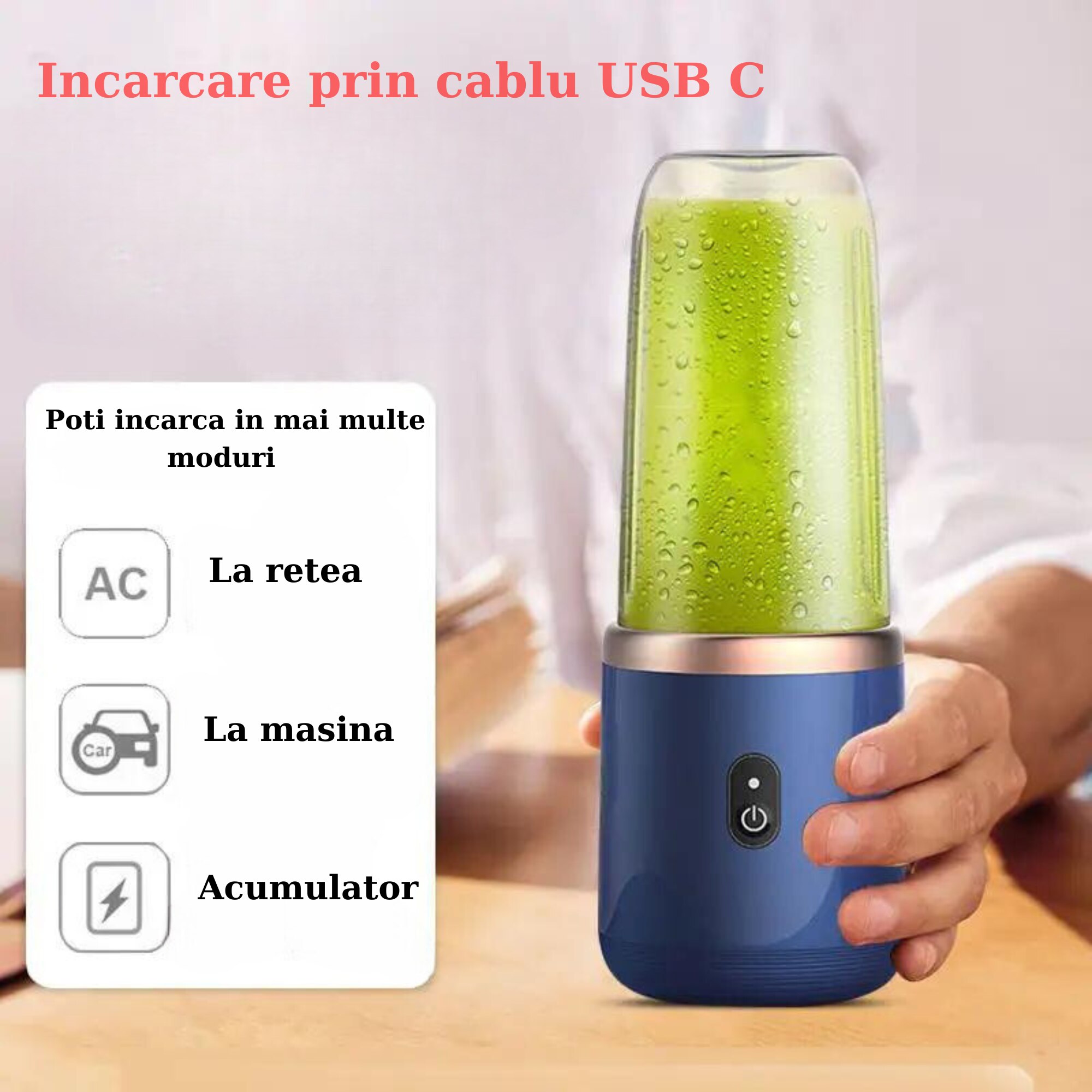 Mini Blender Portabil, Electric, Incarcare USB, 6 Lame Din Inox 3D, Ideal pentru sucuri de ...