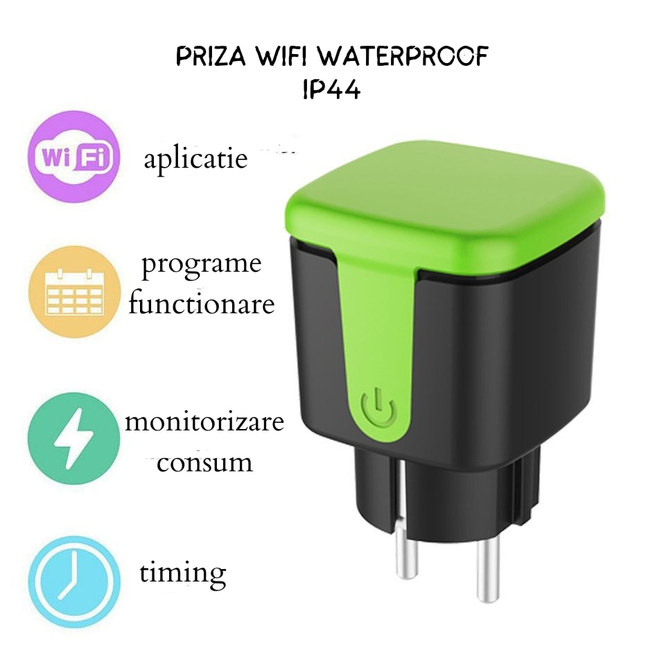 Priza inteligenta WIFI waterproof, 16A, monitorizare consum, control ...