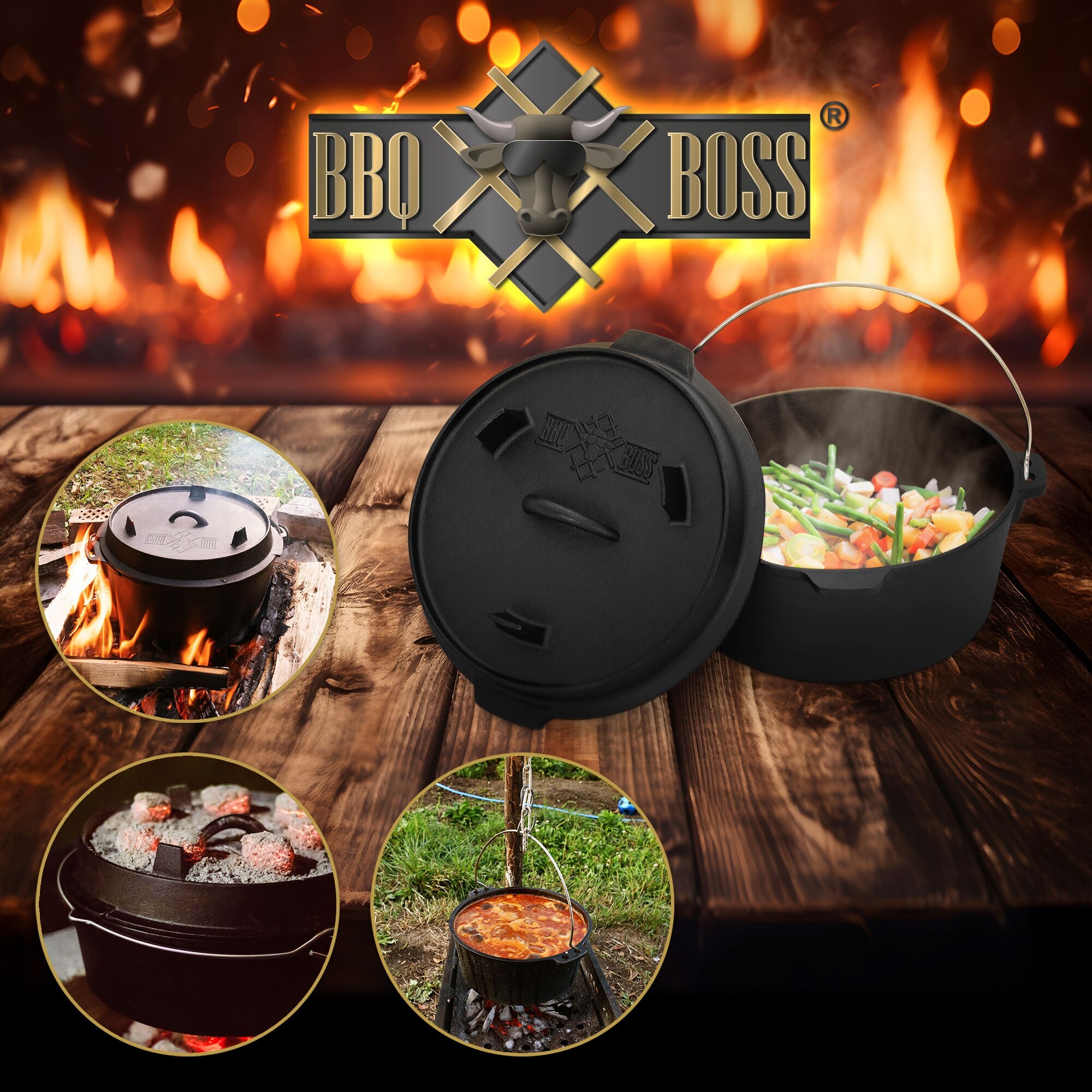 Set pentru oala BBQ#BOSS, fonta, negru, 9kg, suport inaltat - eMAG.ro