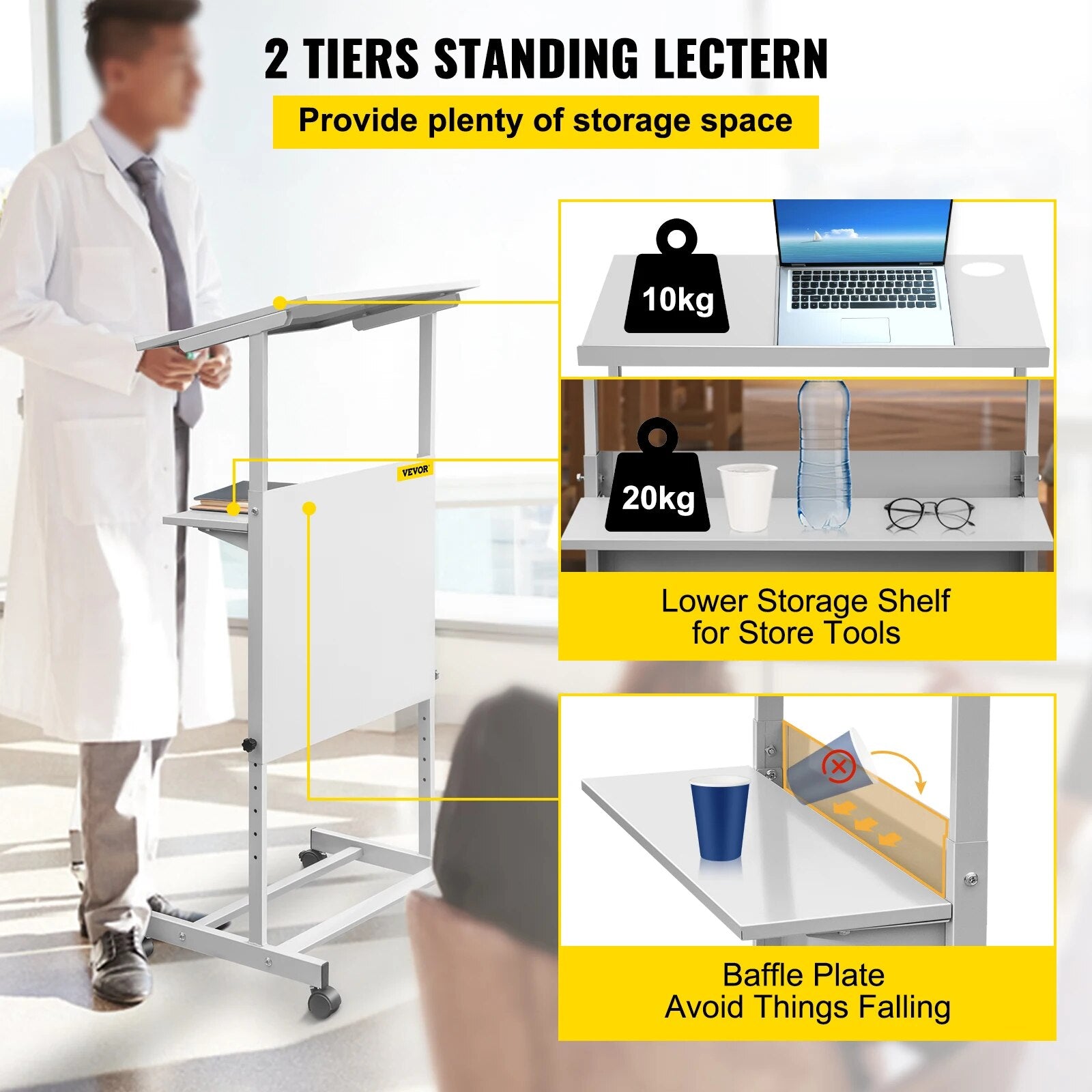 Stand, reglabil pe inaltime, portabil, 4 roti de rulare, otel, alb ...