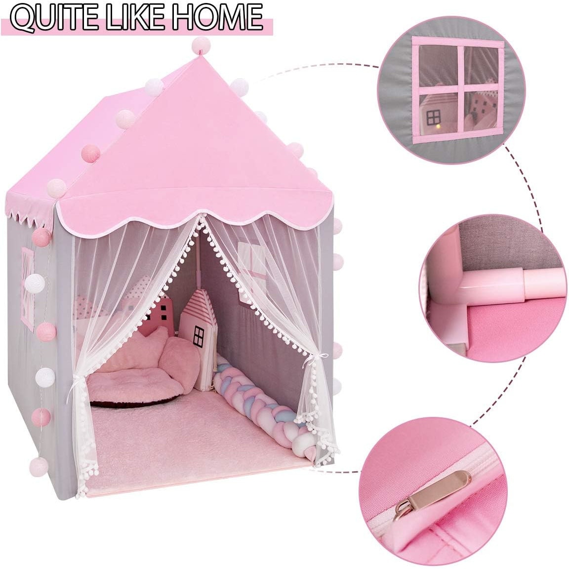 Cort de joaca model casuta pentru copii cu lumini, Zola®, ferestre, gri ...