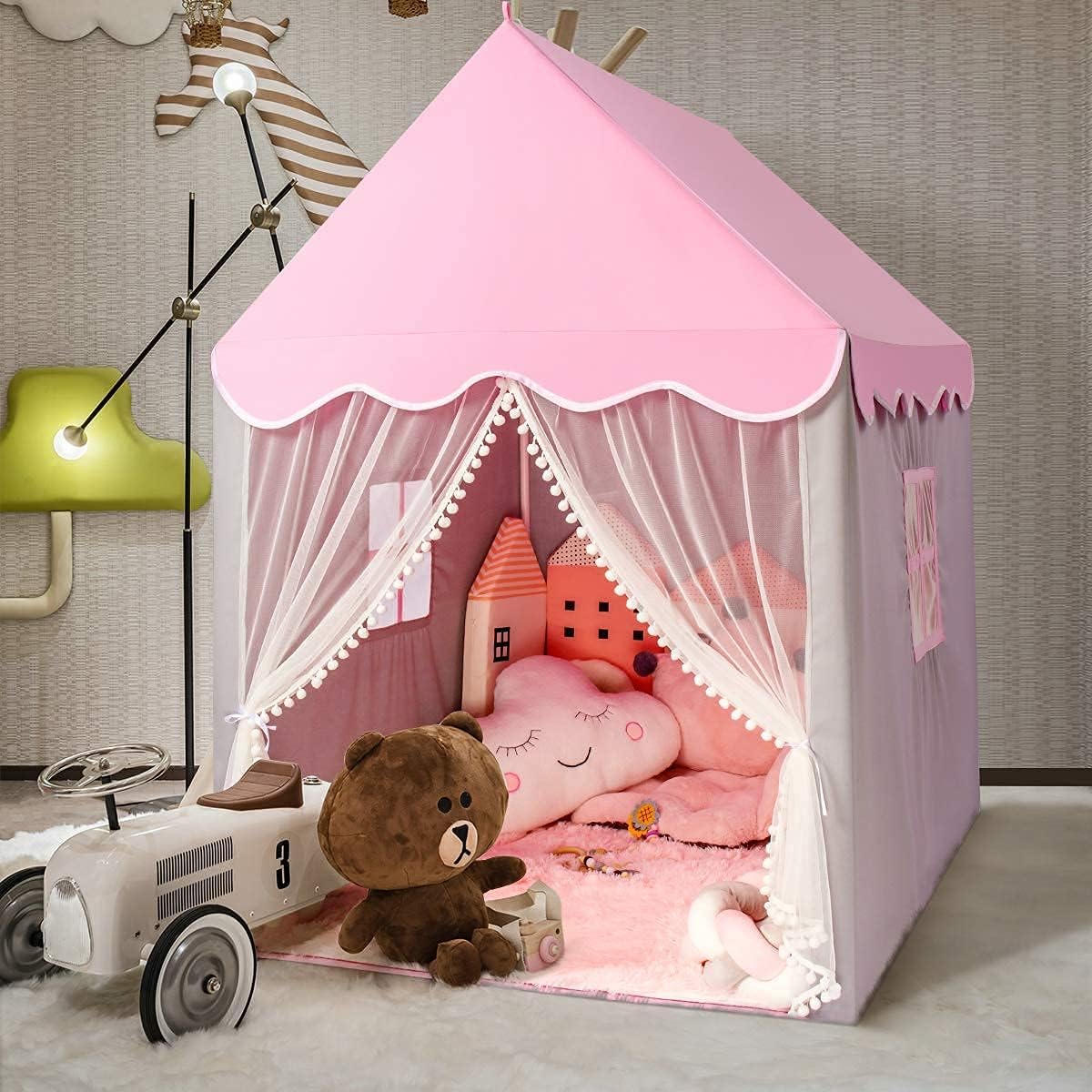 Cort de joaca model casuta pentru copii cu lumini, Zola®, ferestre, gri ...