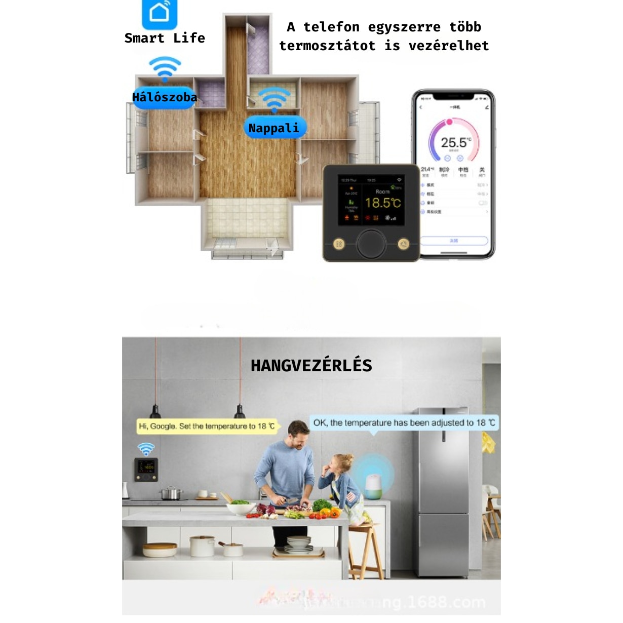 WIFI Smart termosztát, 16A, Gáz vagy elektromos padlófűtés, TUYA App Control, LCD képernyő ...