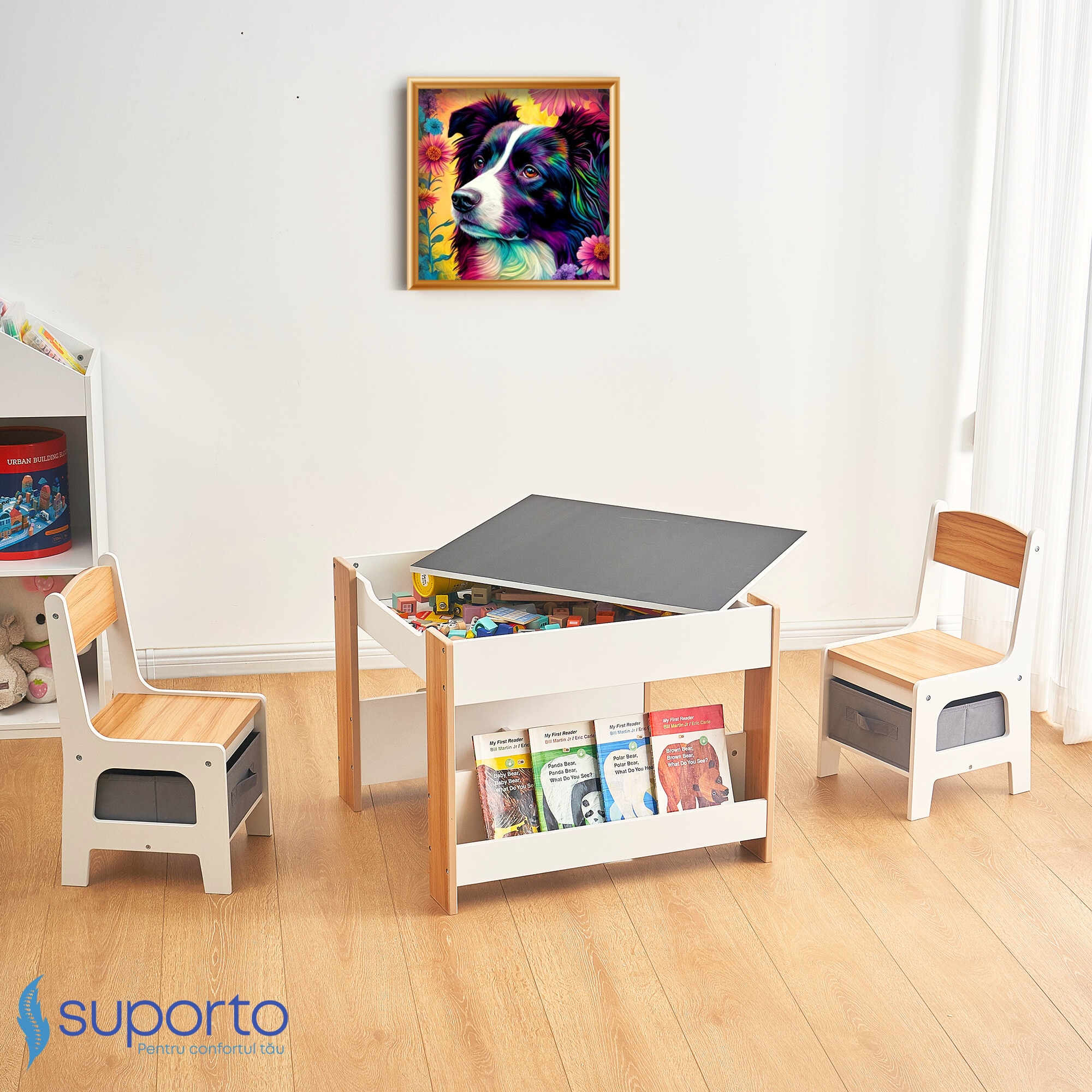 Set Masuta cu 2 Scaune pentru copii, cu Rafturi pentru Carti, Suporto ...