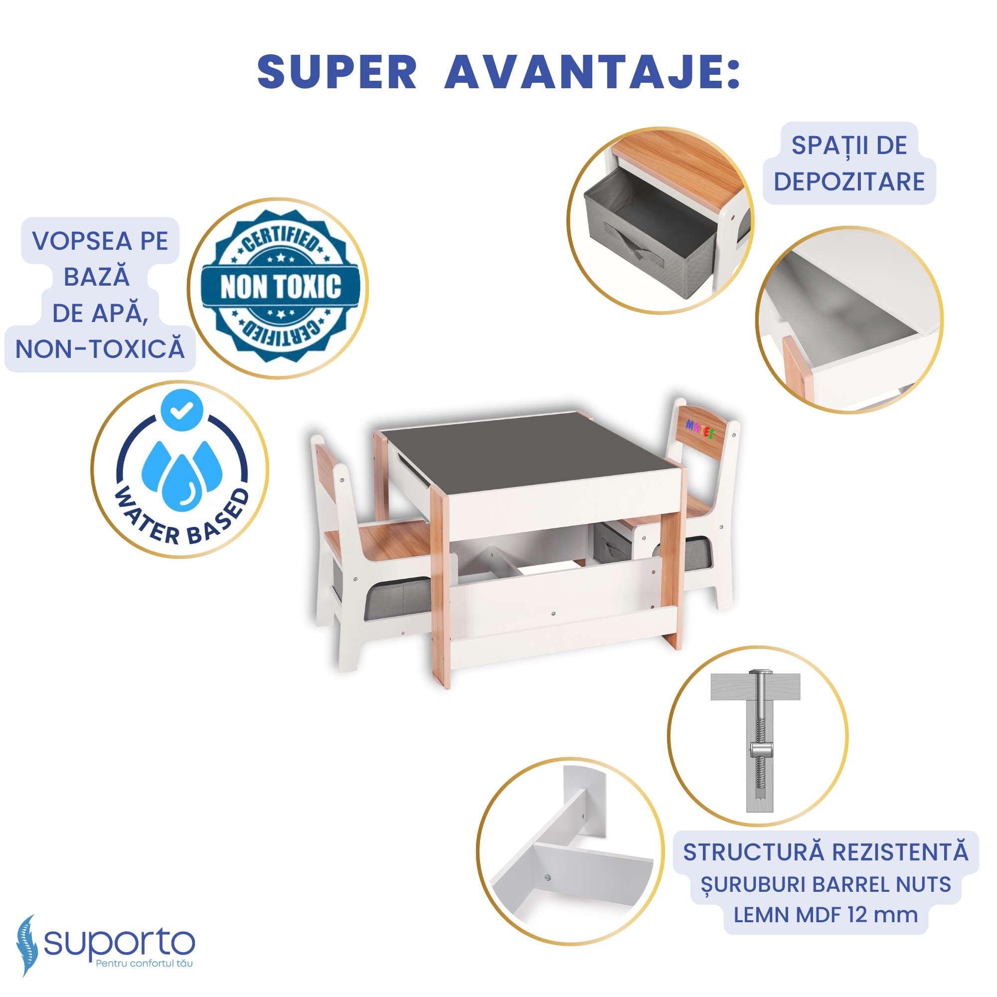 Set Masuta cu 2 Scaune pentru copii, cu Rafturi pentru Carti, Suporto ...