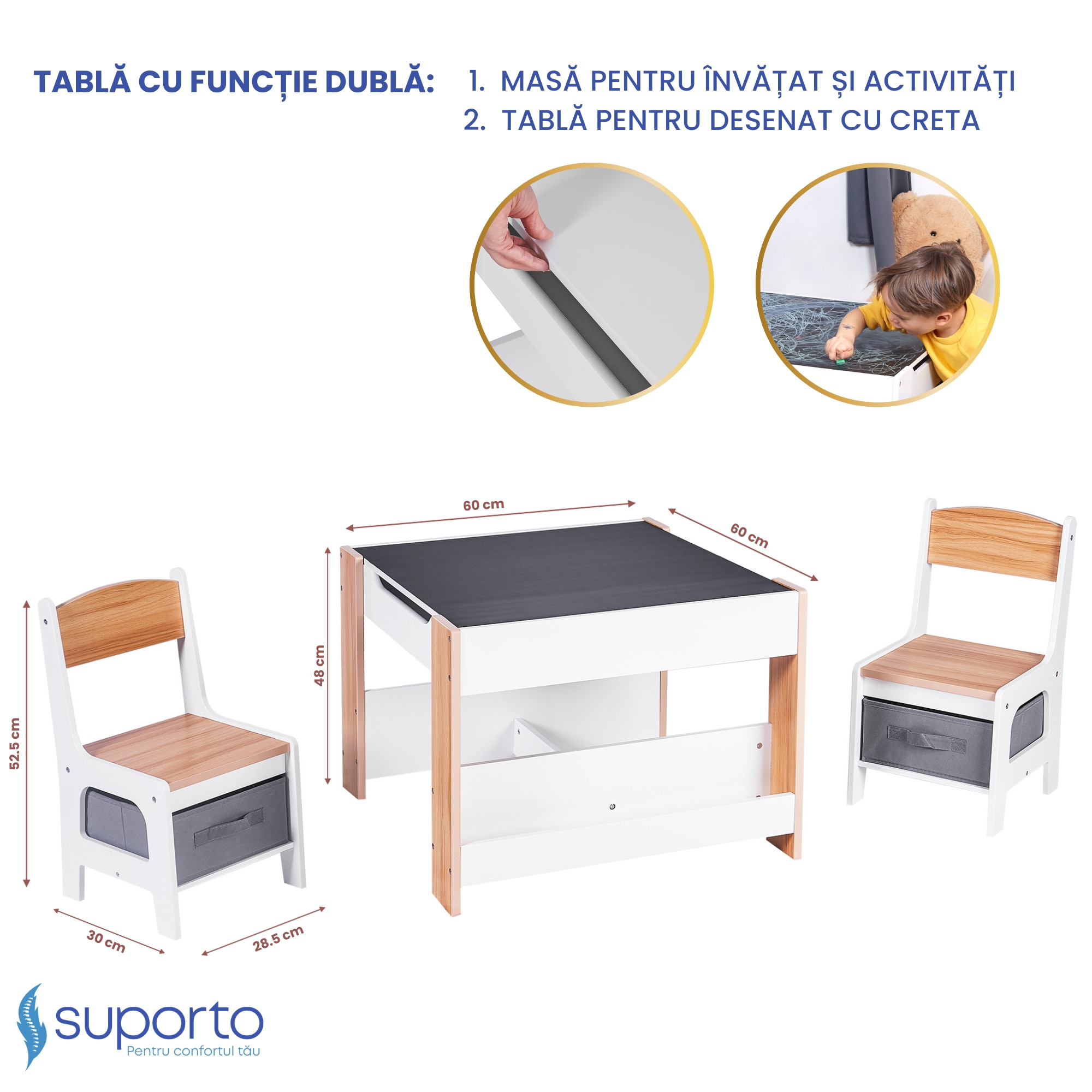 Set Masuta cu 2 Scaune pentru copii, cu Rafturi pentru Carti, Suporto ...