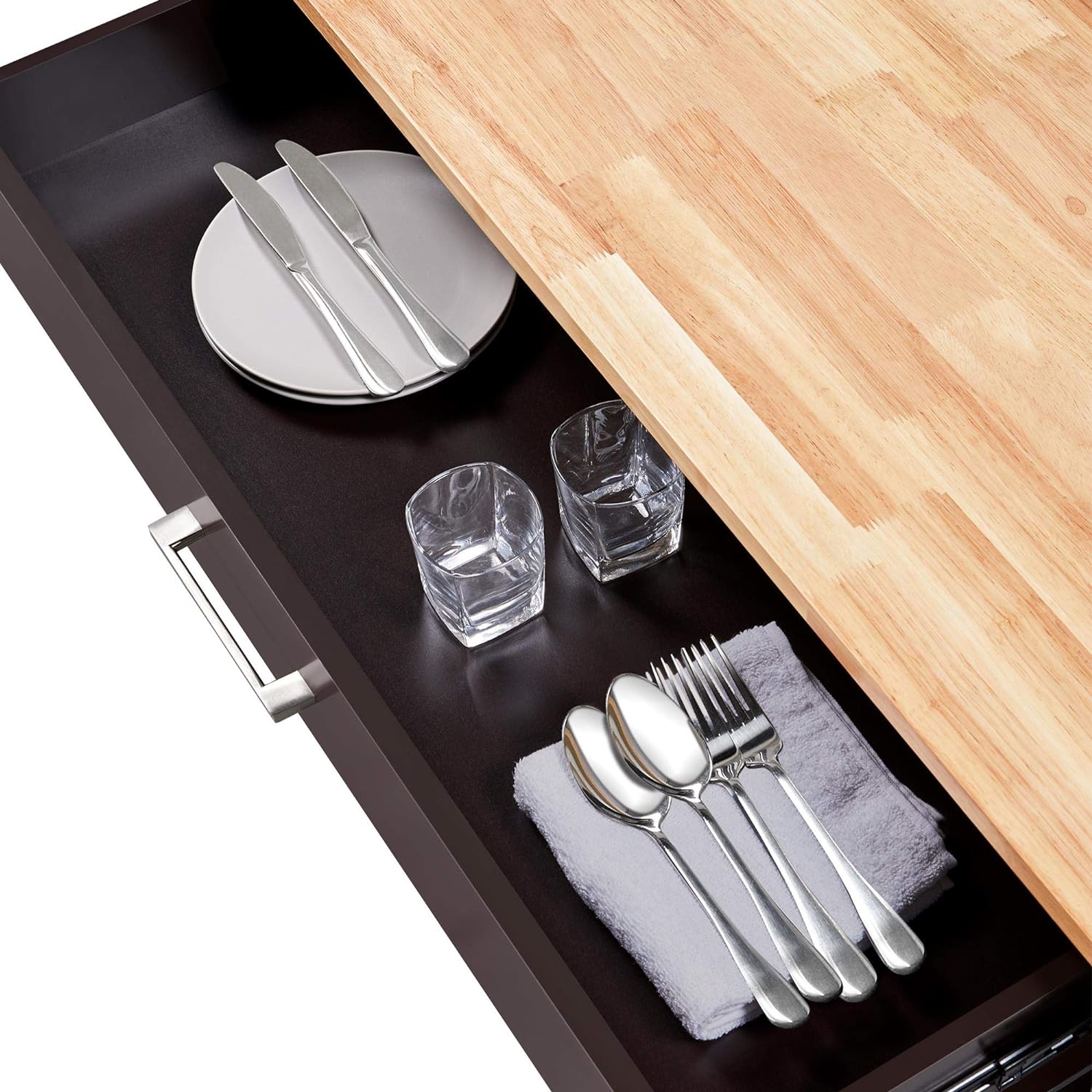 Masa de lucru mobila pentru bucatarie cu roti, blat lemn de arbore de ...