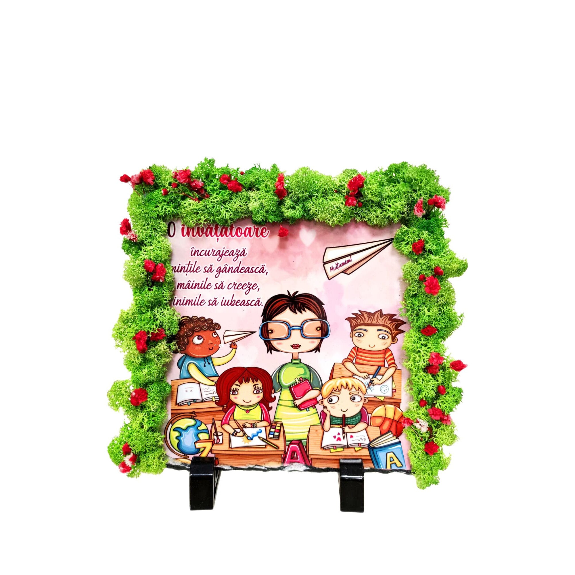 Placheta decorativa cu licheni, Doamna Invatatoare, 15x15 cm - eMAG.ro