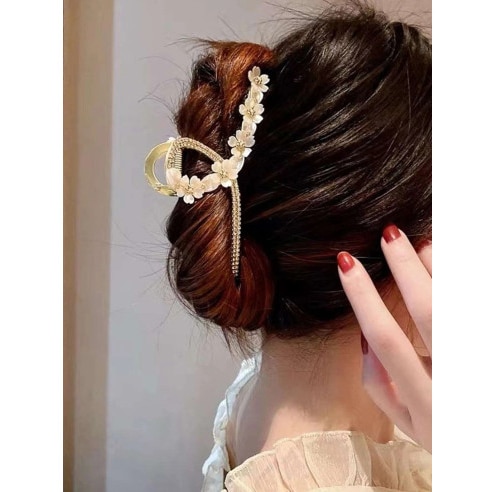 Clema de par cu flori decorative si strasuri, Metal, Auriu-Alb 12x4.5 ...