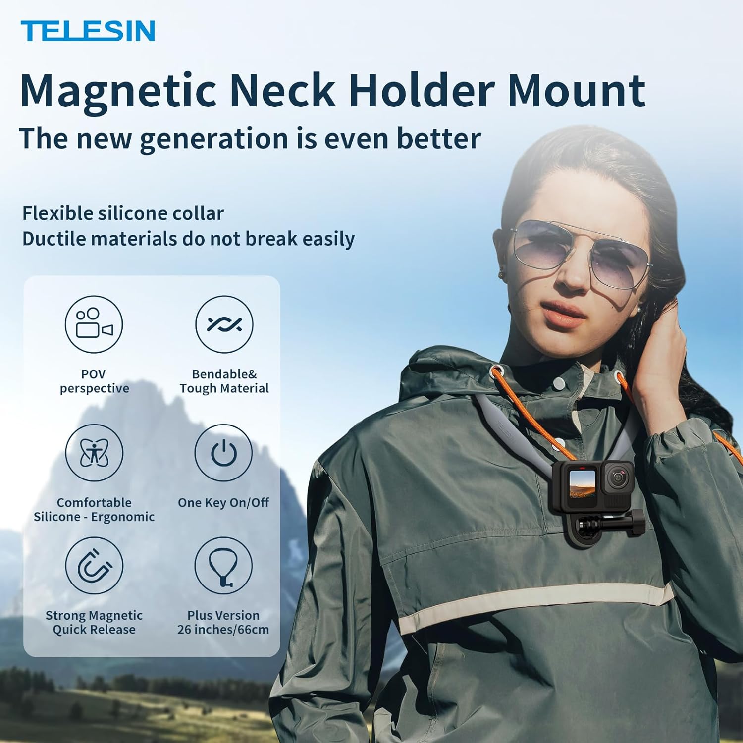 Sistem de prindere pe gat, Prindere magnetica, Telesin, Silicon, Suport pentru camera de actiune ...