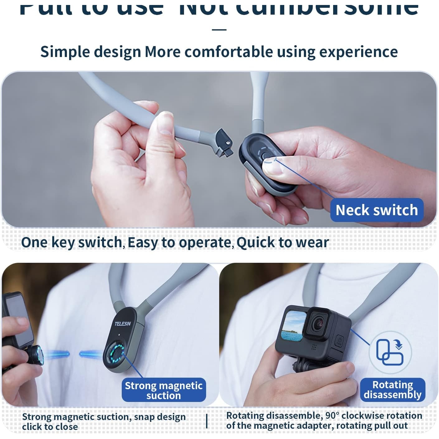 Sistem de prindere pe gat, Prindere magnetica, Telesin, Silicon, Suport pentru camera de actiune ...