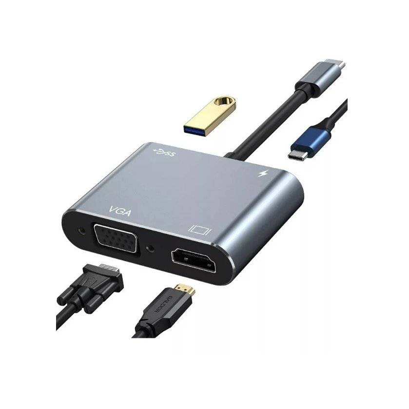 Hub Adaptator USB, 4in1, HDMI/VGA/UUSB3.0, 4k, Argintiu - eMAG.ro