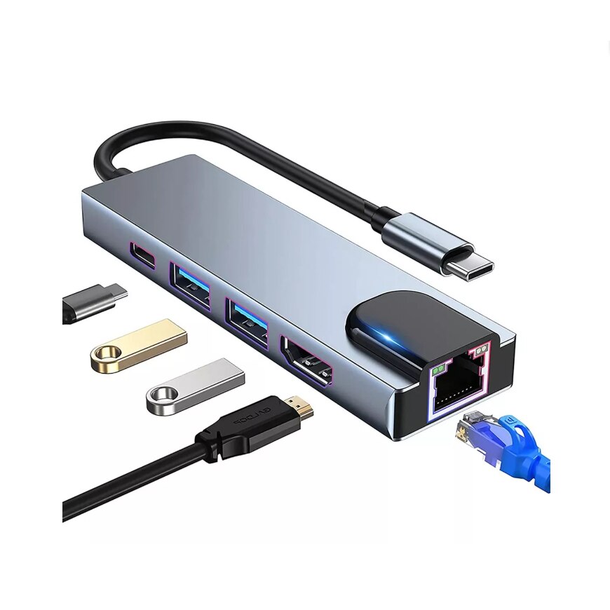 Hub adaptor, 5 in 1, USB C la HDMI, Ethernet, Argintiu/Negru - eMAG.ro