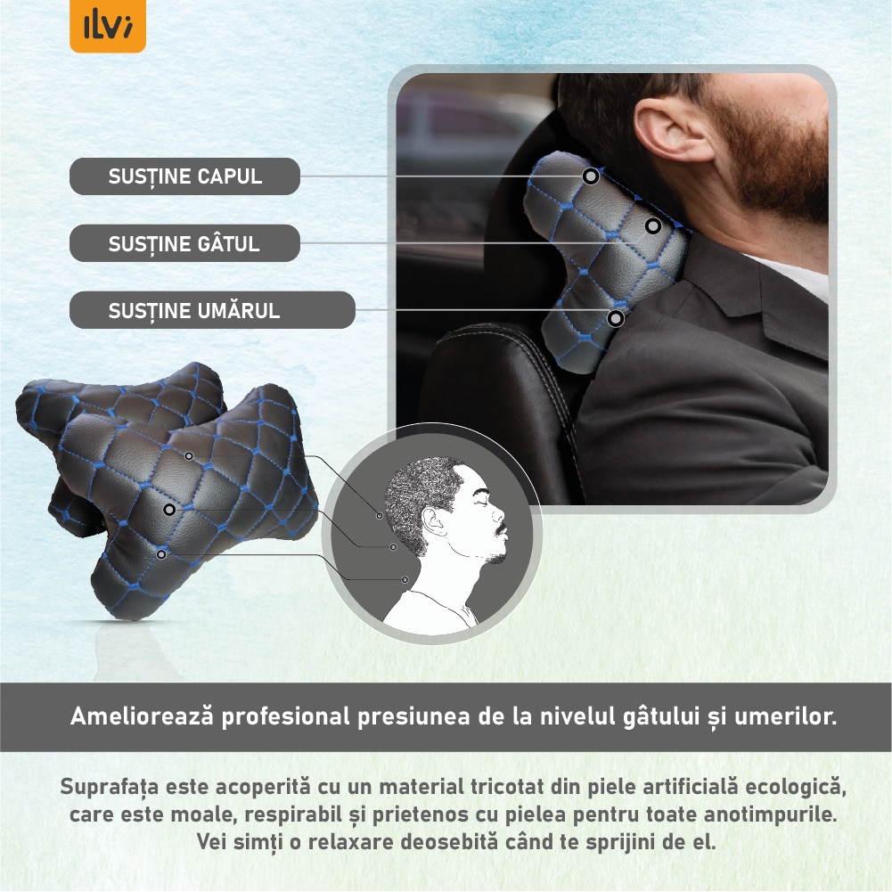 Set 2 Perne Tetiere Auto Premium ILVI din Piele Artificiala Ecologica ...