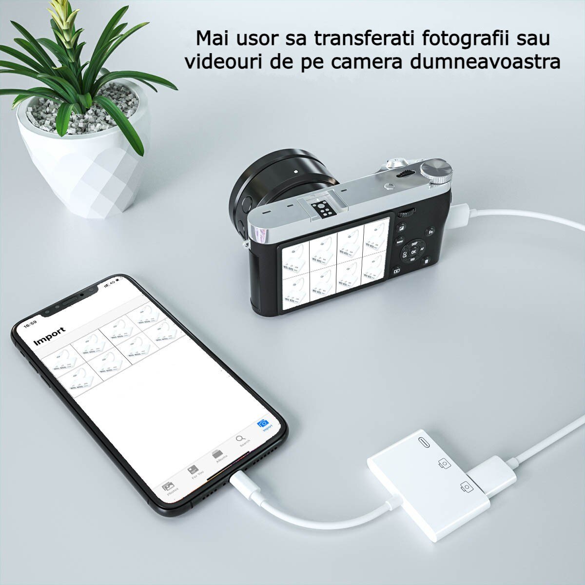 Adaptor compatibil cu IPhone, 3in1, conector USB, Type C, Transfer poze ...