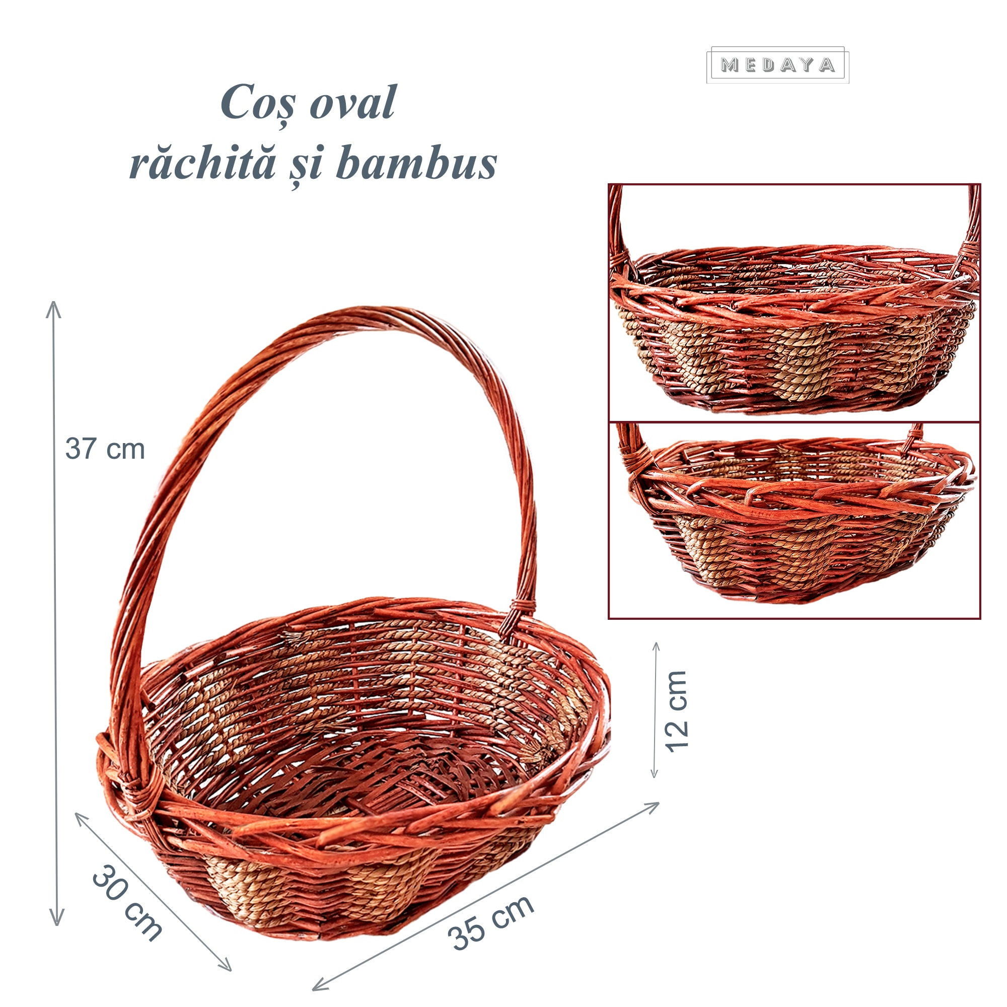 Cos oval din rachita si bambus Medaya®, cu toarta, impletit manual, dim. 35x30x37, pentru ...