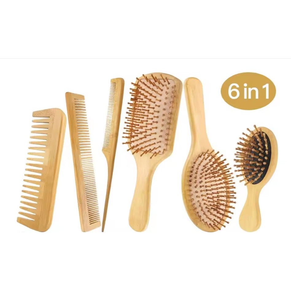 Set de perii si piepteni pentru par, bambus, 6 piese - eMAG.ro