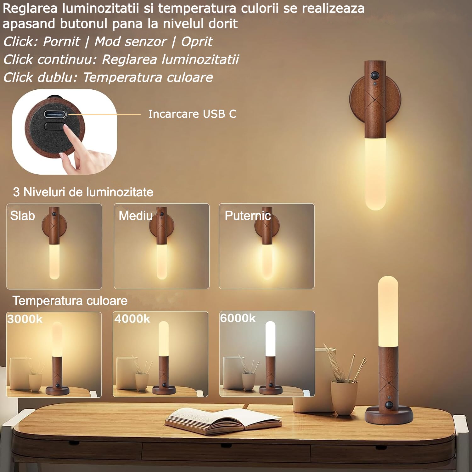 Lampa LED portabila cu senzor de miscare, 3 culori, Dimabil, Fara fir ...