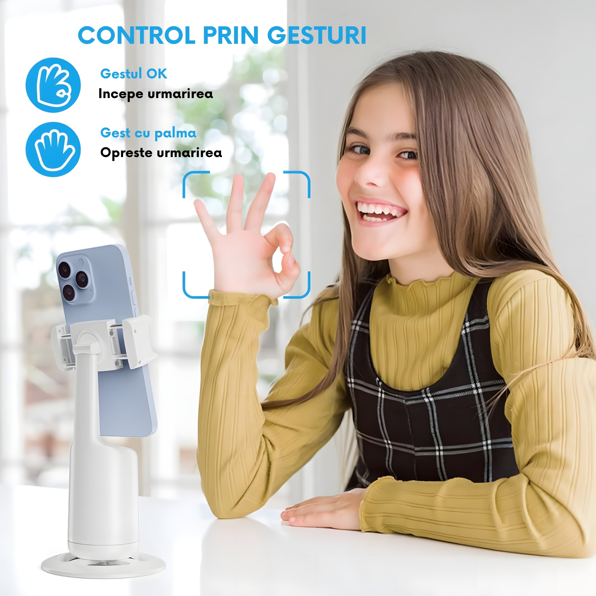Suport inteligent pentru telefon, cu urmarire automata a fetei 360°, Cip cu Inteligenta ...
