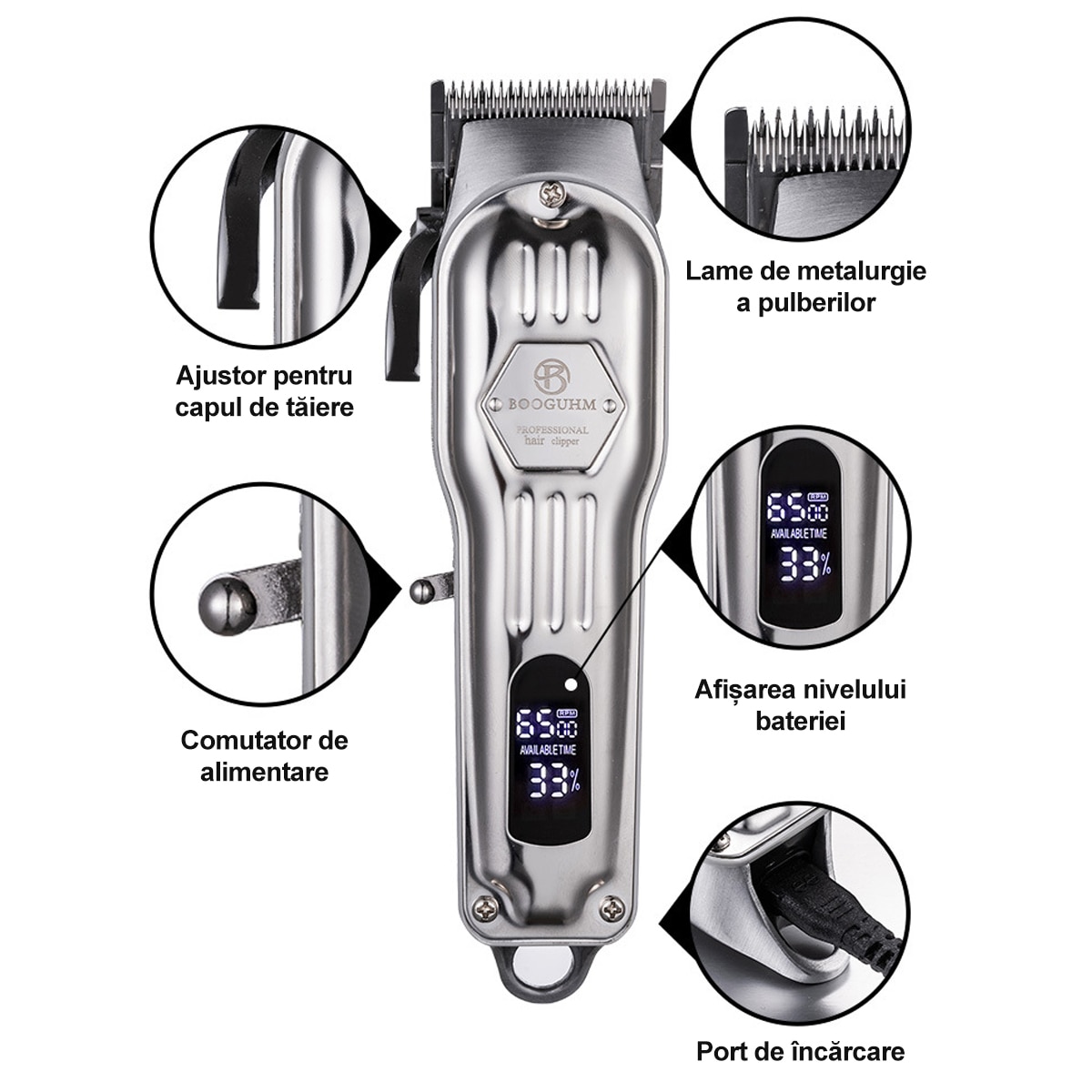 Masina de tuns profesionala, Xinxu, 2200mAh, autonomie 150 de minute, afisaj LED, Wireless ...